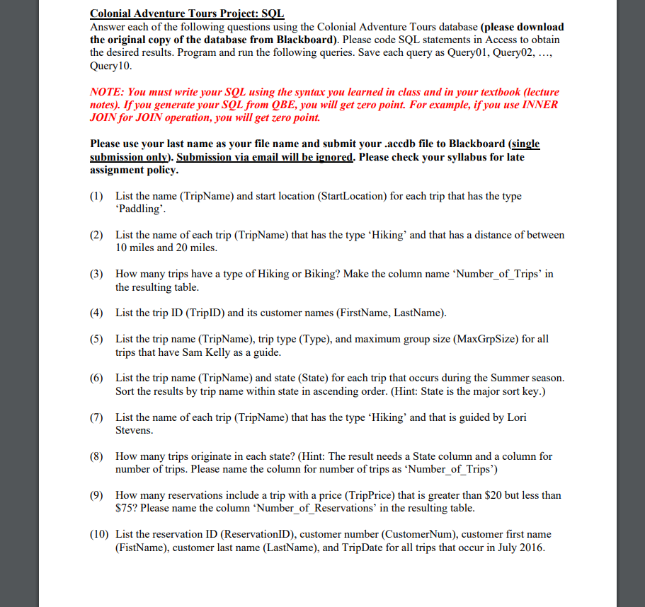 Colonial Adventure Tours Project: SQL Answer each of | Chegg.com