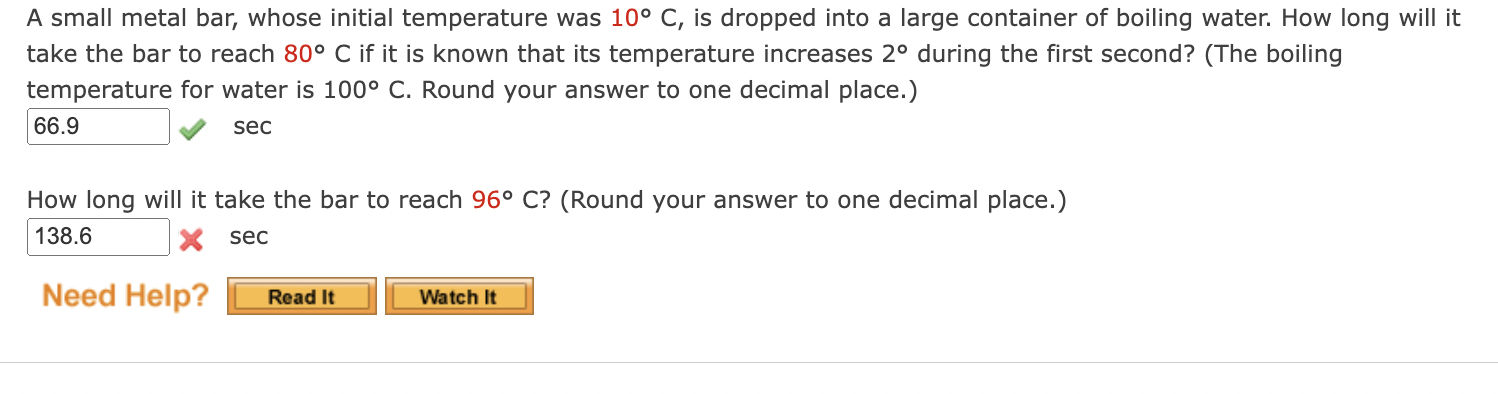 Solved A small metal bar, whose initial temperature was 10° | Chegg.com