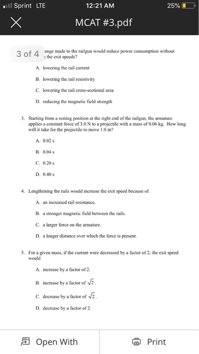 Solved Sprint LTE 12:21 AM 25% i MCAT #3.pdf Projectile mass | Chegg.com