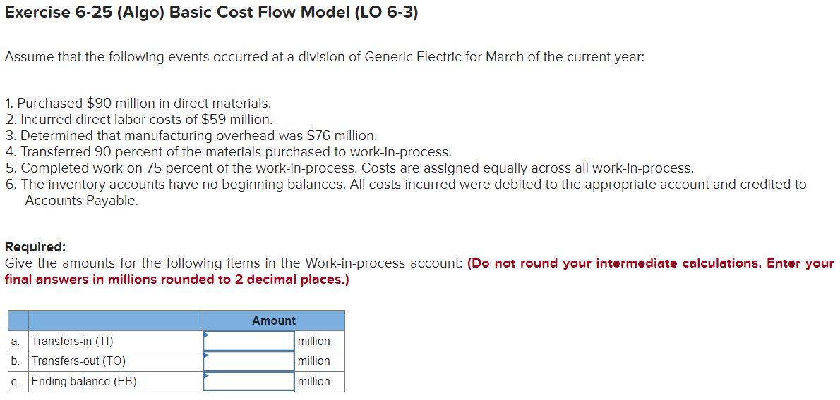 Solved Exercise 6-25 (Algo) Basic Cost Flow Model (LO 6-3) | Chegg.com