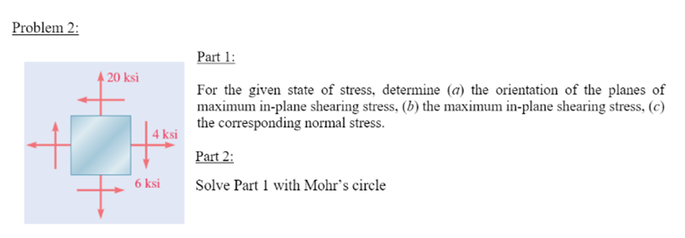 Solved Problem 2: Part 1: 20 ksi For the given state of | Chegg.com