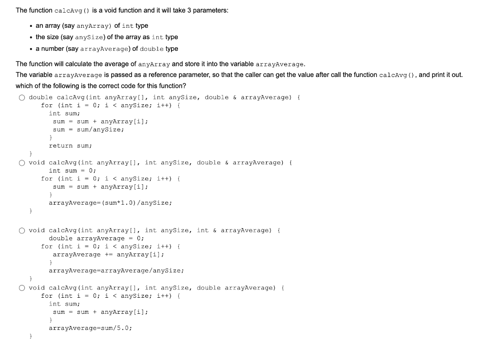 Solved The function calcAvg () is a void function and it | Chegg.com