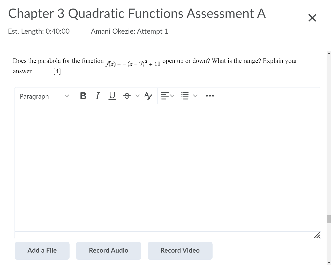 Solved Chapter 3 Quadratic Functions Assessment A Х Est. | Chegg.com