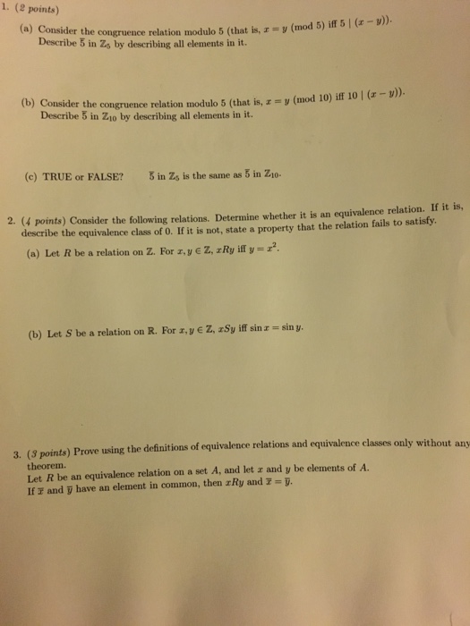 Solved 1. (2 points) (a) Consider the congruence (mod 5) iff | Chegg.com
