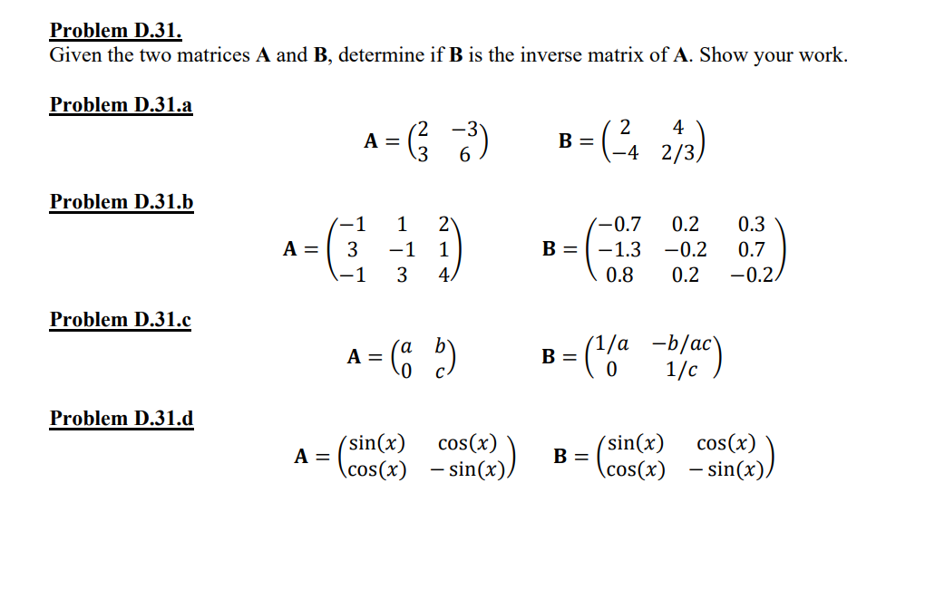 Solved Problem D.31. Given the two matrices A and B, | Chegg.com