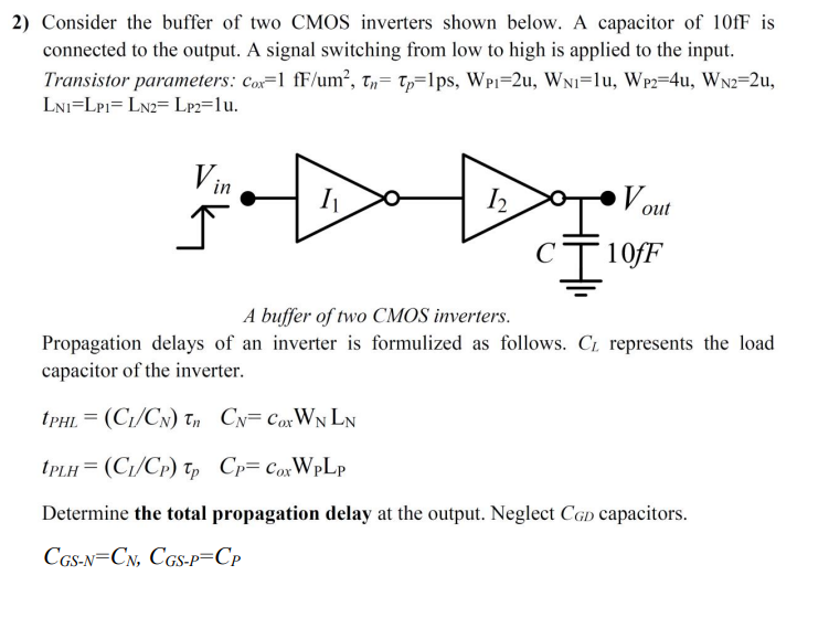 Solved 2) Consider the buffer of two CMOS inverters shown | Chegg.com