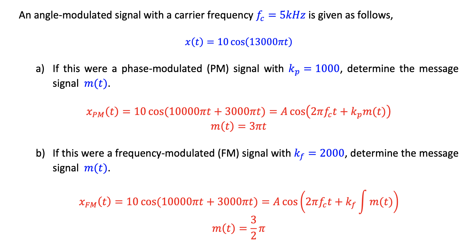 An angle-modulated signal with a carrier frequency | Chegg.com