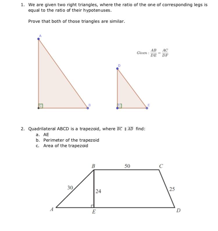Solved 1. We are given two right triangles, where the ratio | Chegg.com