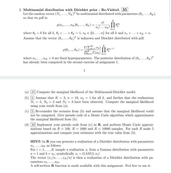 Solved 2. Multinomial distribution with Dirichlet prior - | Chegg.com