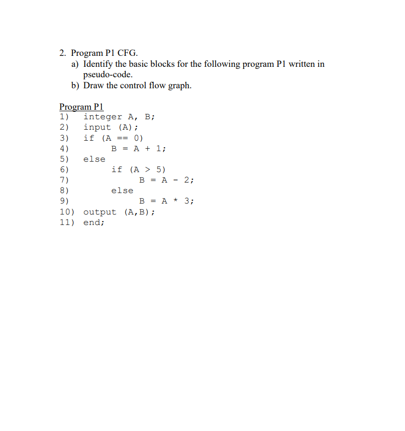 Solved 2. Program P1 CFG. a) Identify the basic blocks for | Chegg.com