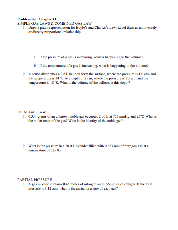 Solved Problem Set: Chapter 11 SIMPLE GAS LAWS & COMBINED | Chegg.com