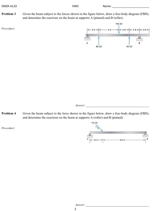 Solved ENGR-A110 HWS Name: Given the beam subject to the | Chegg.com