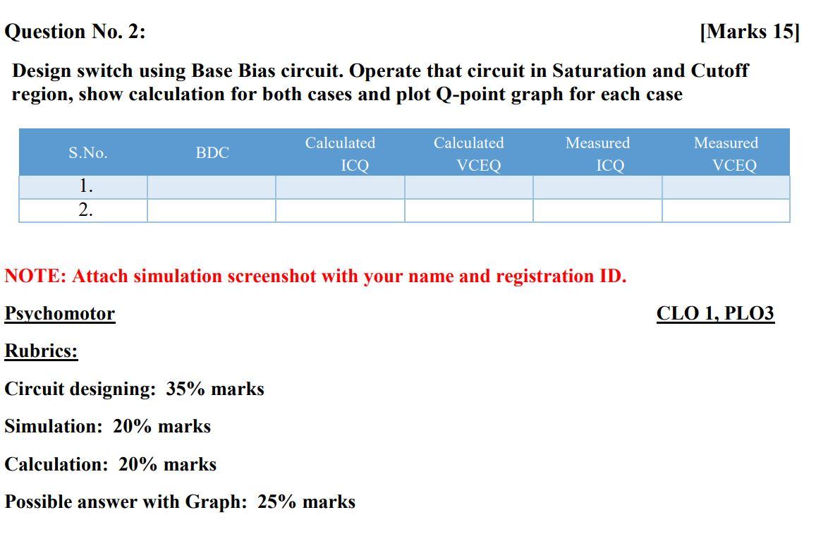 Solved Question No. 2: [Marks 15] Design switch using Base | Chegg.com