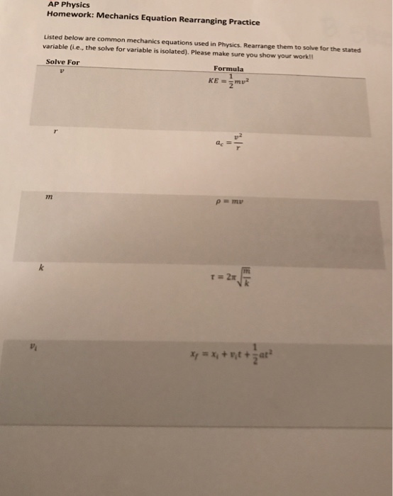 Solved AP Physics Homework: Mechanics Equation Rearranging | Chegg.com