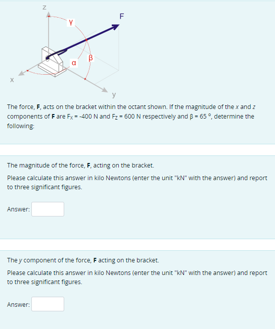 Solved The force, F, acts on the bracket within the octant | Chegg.com