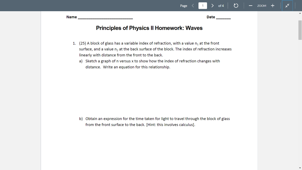 Solved 1. (25) A block of glass has a variable index of | Chegg.com