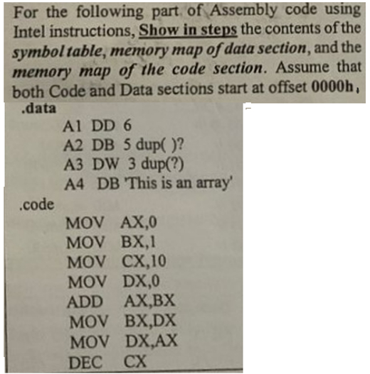 Solved For the following part of Assembly code usingIntel | Chegg.com
