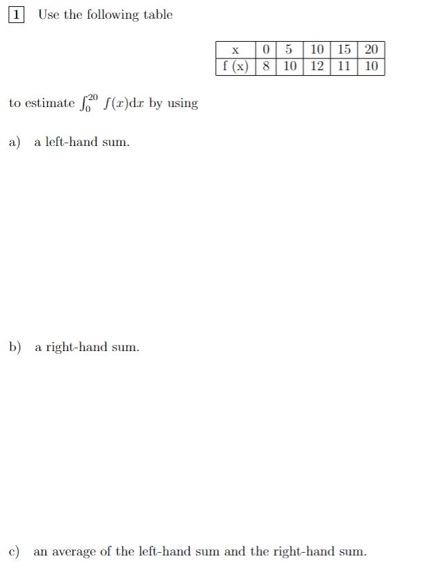Solved 1 Use the following table to estimate ∫020f(x)dx by | Chegg.com
