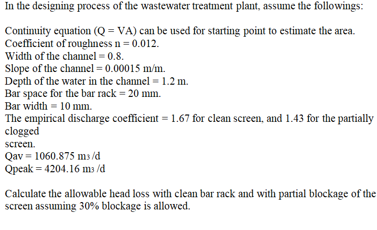 Solved Waste Water subject Calculate the allowable head loss | Chegg.com