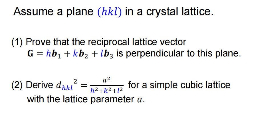 Solved Assume a plane (hkl) in a crystal lattice. (1) Prove | Chegg.com