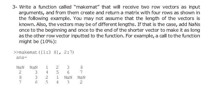 Solved 3- Write a function called "makemat" that will | Chegg.com