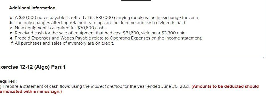 Solved Exercise 12-12 (Algo) Indirect: Preparing statement | Chegg.com