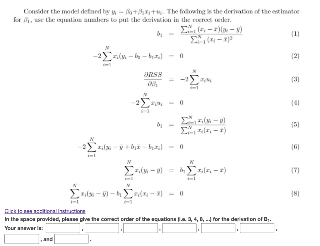 Solved Consider the model defined by yi = Bo+B12;+u;. The | Chegg.com