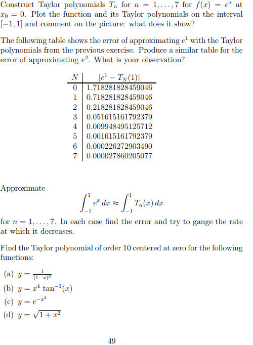 Solved Construct Taylor polynomials Tn for n -1,...,7 for | Chegg.com
