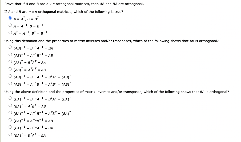Solved Prove that if A and B are n x n orthogonal matrices, | Chegg.com