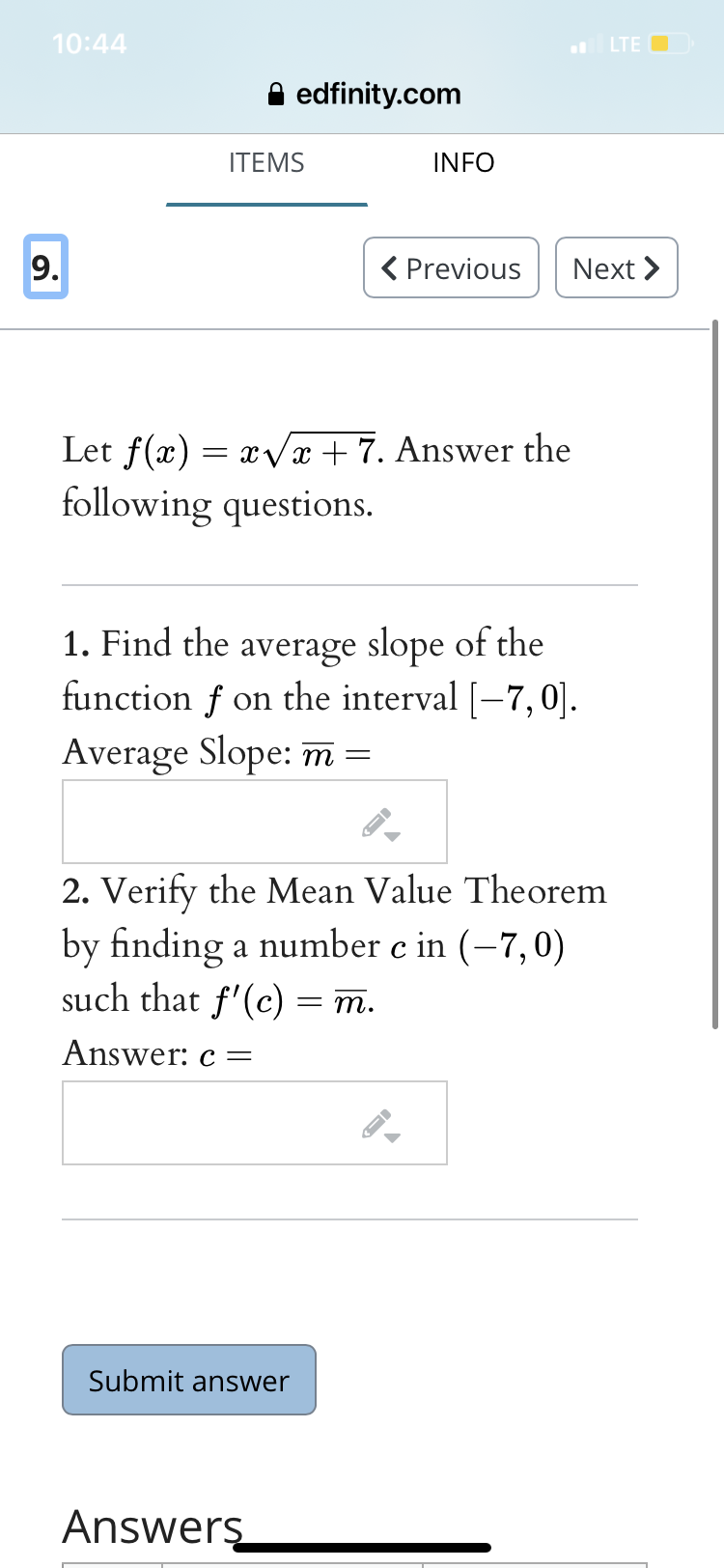 Solved 10:44 LTE edfinity.com ITEMS INFO 9.