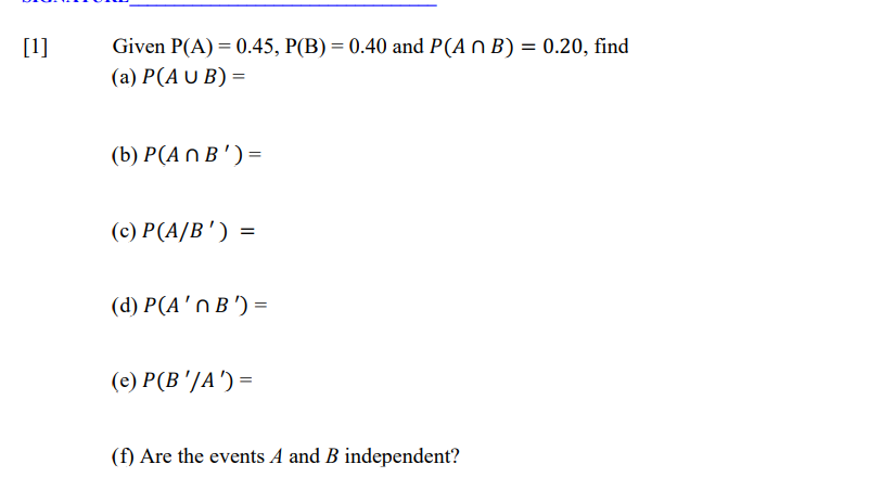 Solved Given P(A)=0.45,P(B)=0.40 and P(A∩B)=0.20, find (a) | Chegg.com