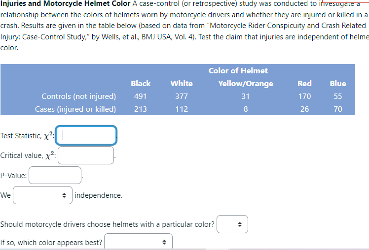 Solved Injuries and Motorcycle Helmet Color A case-control | Chegg.com