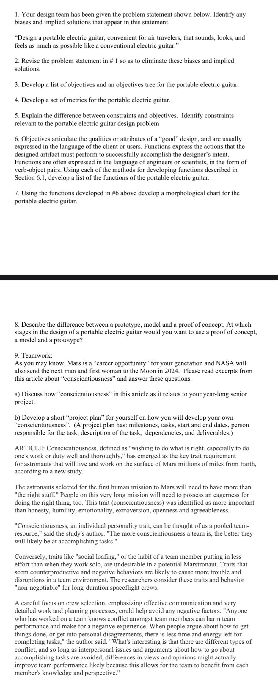 Solved 1. Your design team has been given the problem | Chegg.com