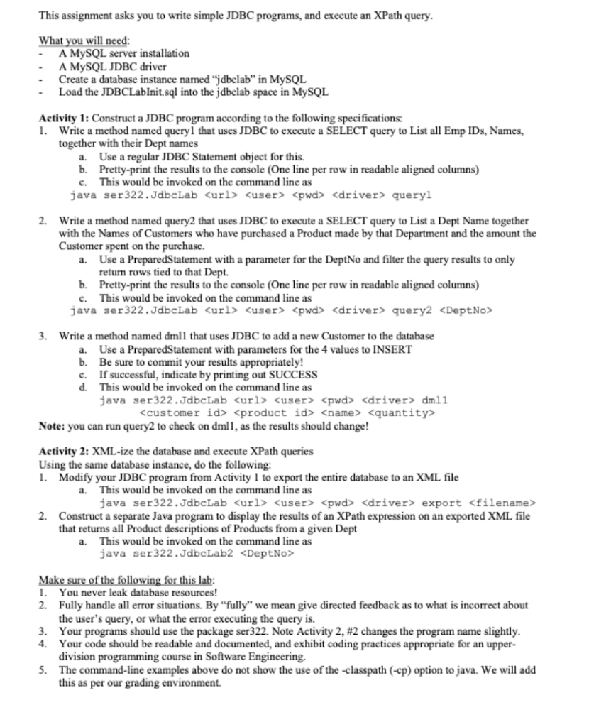 Solved This assignment asks you to write simple JDBC | Chegg.com
