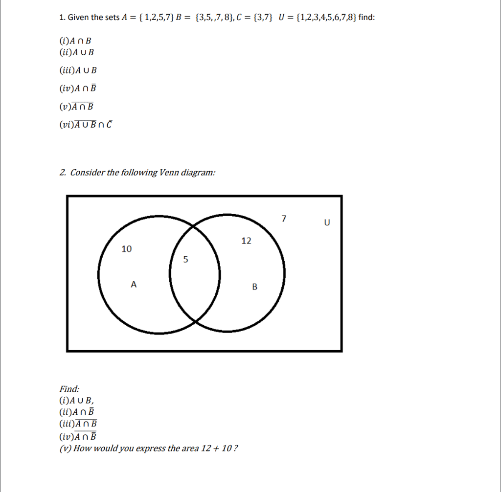 Solved 1. Given the sets | Chegg.com