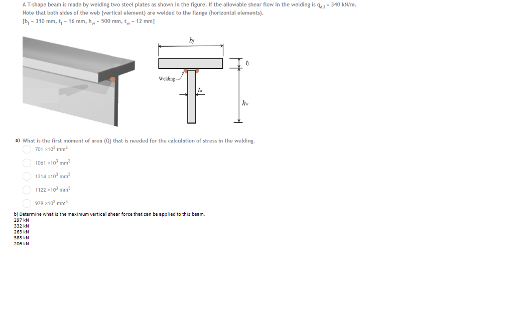 Solved A T-shape beam is made by welding two steel plates as | Chegg.com