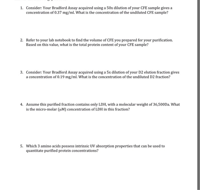 Solved Consider: Your Bradford Assay acquired using a 50x | Chegg.com