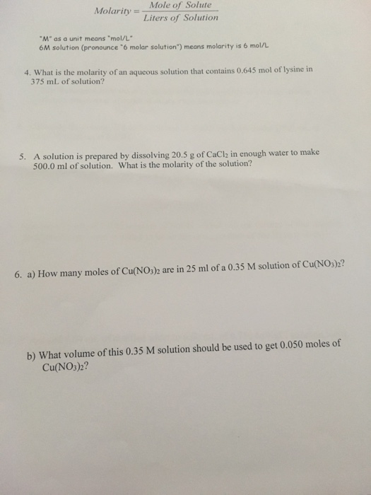Solved Molarity = Mole of Solute Liters of Solution M. as a | Chegg.com