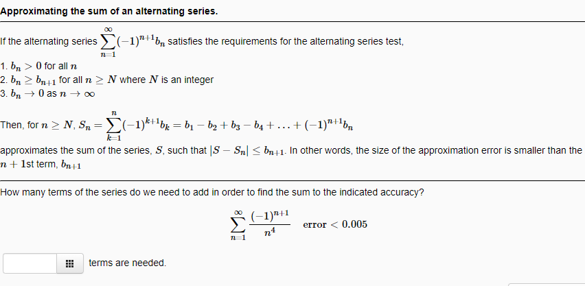 Solved Approximating the sum of an alternating series. n=1 | Chegg.com Solved Approximating the sum of an alternating series. n=1 | Chegg.com