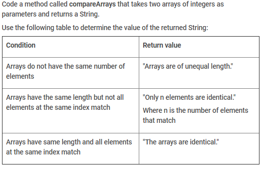 Solved Code a method called compareArrays that takes two | Chegg.com