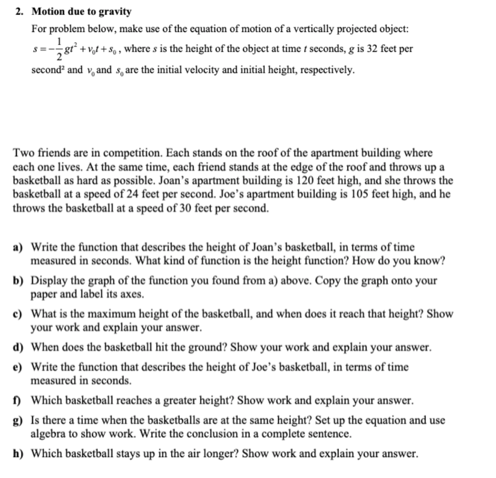 Solved 2. Motion due to gravity For problem below, make use | Chegg.com