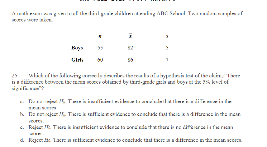 Solved A math exam was given to all the third-grade children | Chegg.com