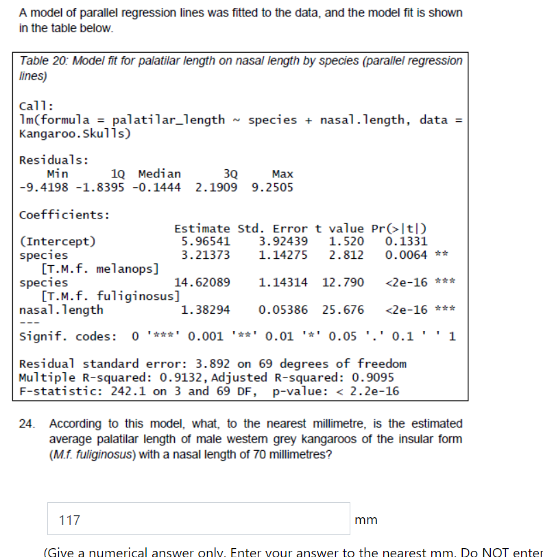 Solved A model of parallel regression lines was fitted to | Chegg.com