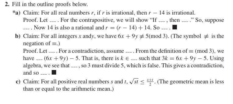 Solved 2. Fill in the outline proofs below. *a) Claim: For | Chegg.com