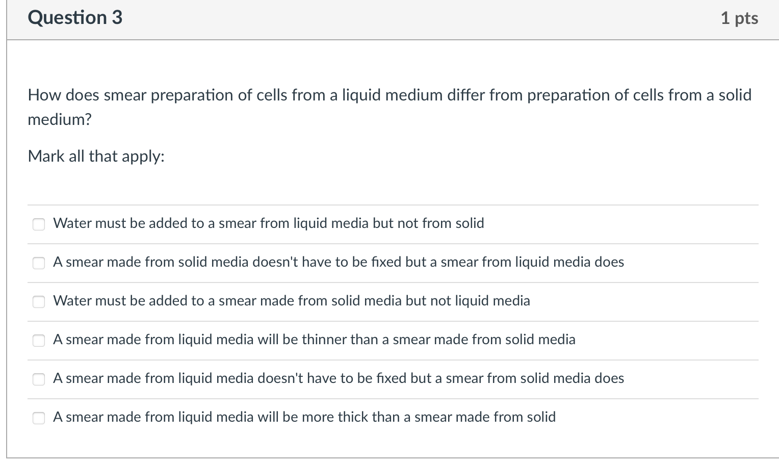 Solved Question 3 1 pts How does smear preparation of cells | Chegg.com