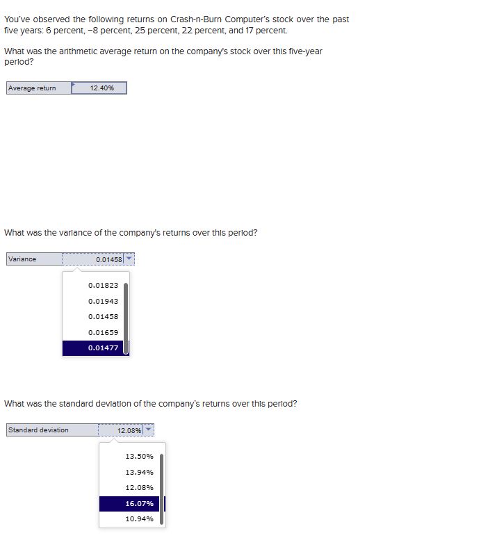 Solved You’ve observed the following returns on Crash-n-Burn | Chegg.com