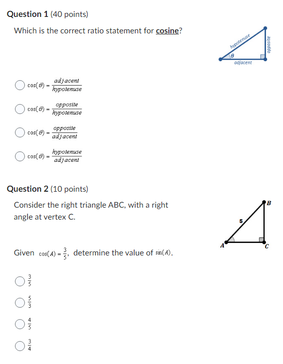 Solved Which is the correct ratio statement for cosine? | Chegg.com