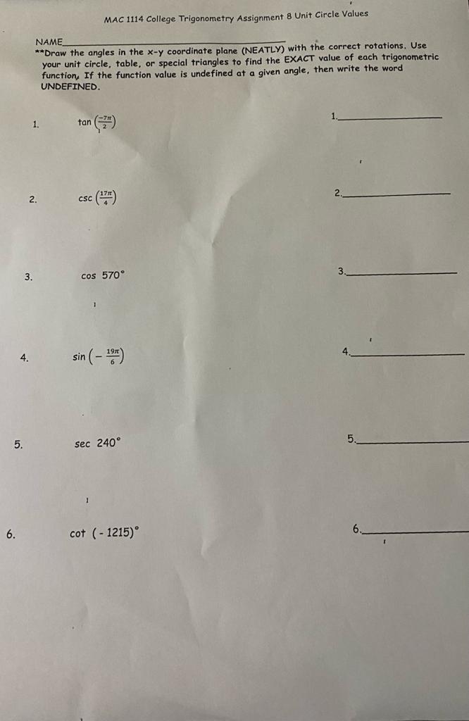 Solved MAC 1114 College Trigonometry Assignment 8 Unit | Chegg.com