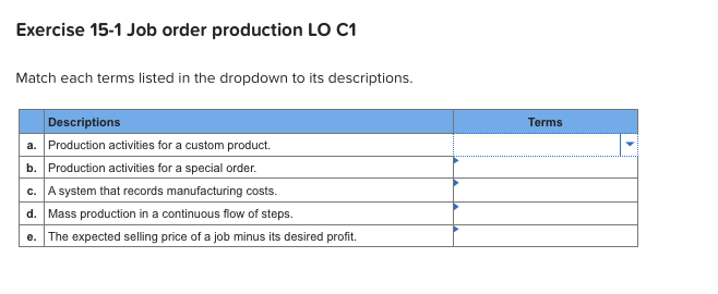 Solved Exercise 15-1 Job order production LO C1 Match each | Chegg.com