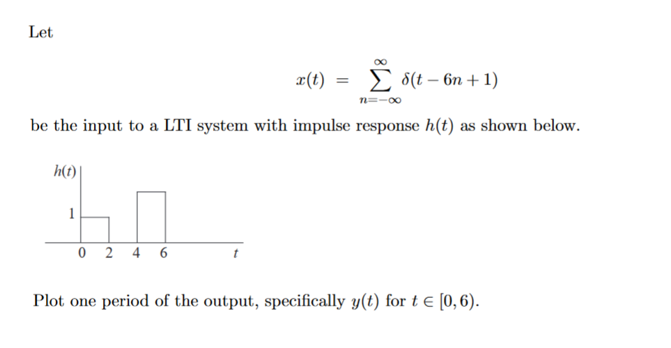 Solved Let x(t)=∑n=−∞∞δ(t−6n+1) be the input to a LTI system | Chegg.com
